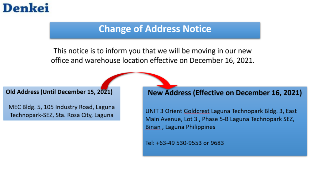 Change of Address Notice | NIHON DENKEI PHILIPPINES, Inc.